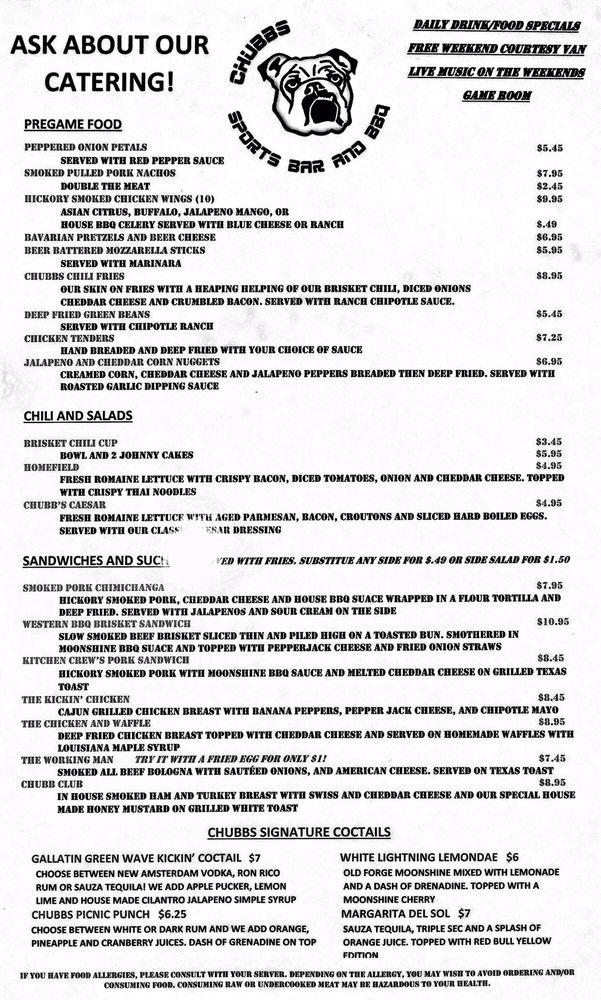 Menu at Chubb's Smokehouse pub & bar, Gallatin