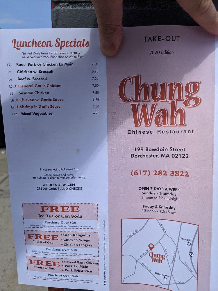 Menu at Chung Wah restaurant, Boston, 199 Bowdoin St