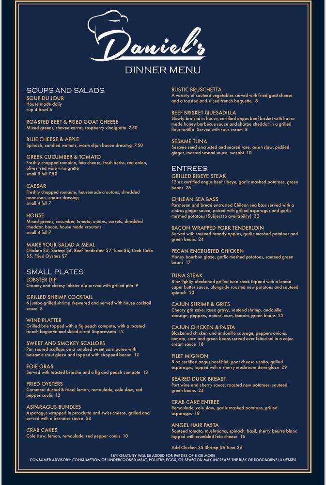 Menu at Daniel's Casual Fine Dining restaurant, Wilson