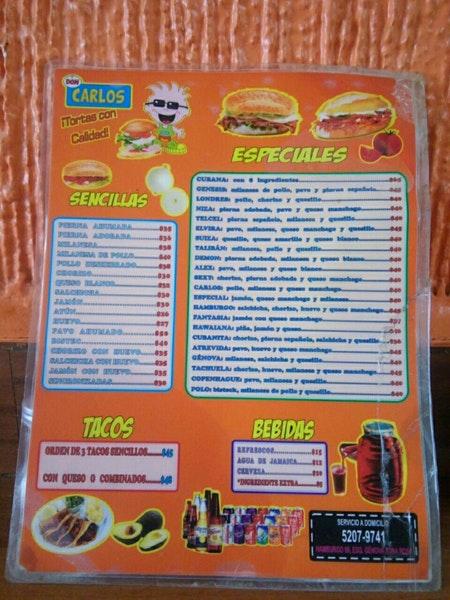 Carta del restaurante Don Carlos Tortas Con Calidad, Ciudad del México