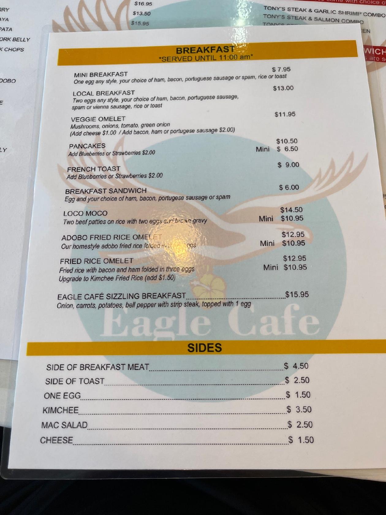 Menu at Eagle Cafe, Honolulu, N Nimitz Hwy # A100