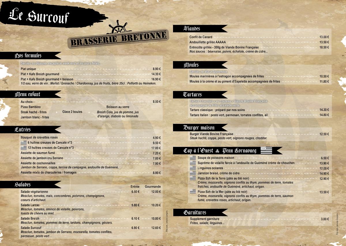 Menu at Le Surcouf pub & bar, Rennes