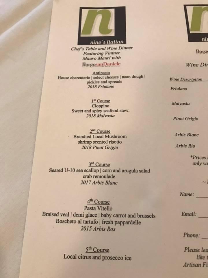 Menu at Nino's restaurant, Baton Rouge