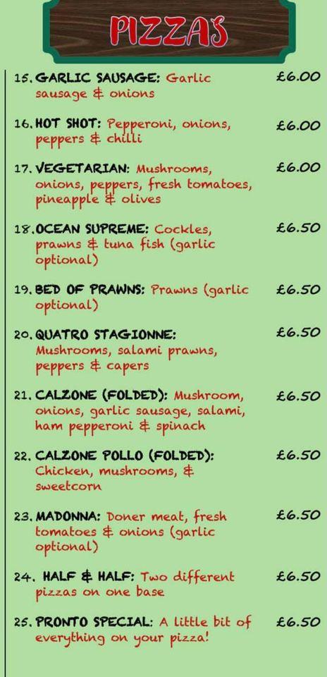 Menu at Pizza Pronto pizzeria, Scarborough