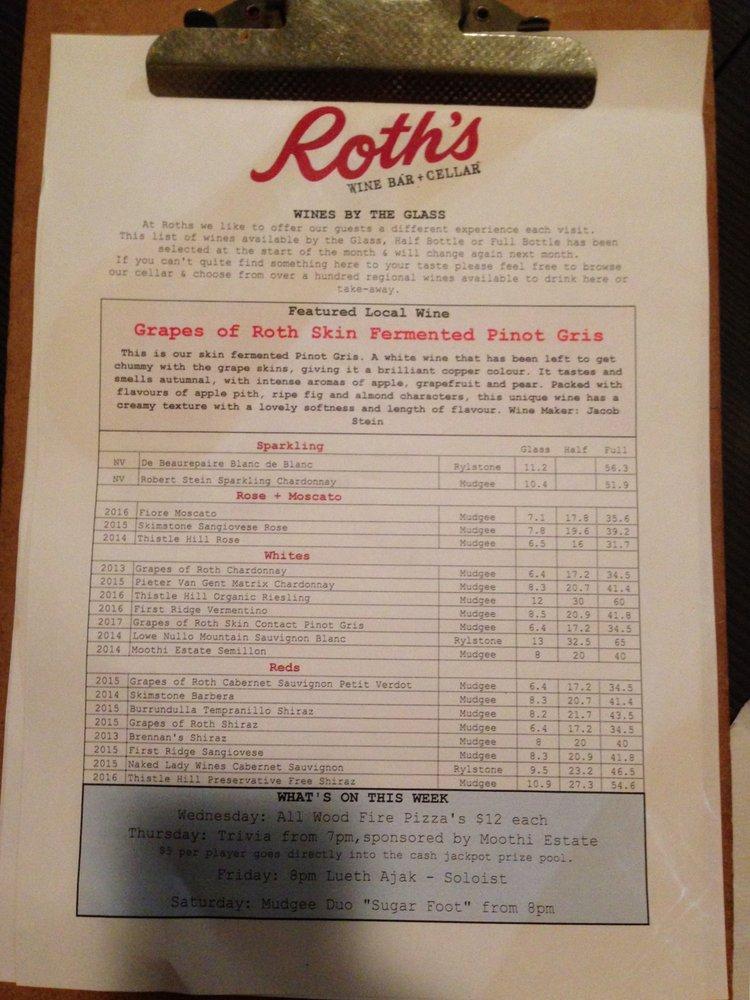 Menu at Roth's Wine Bar, Mudgee