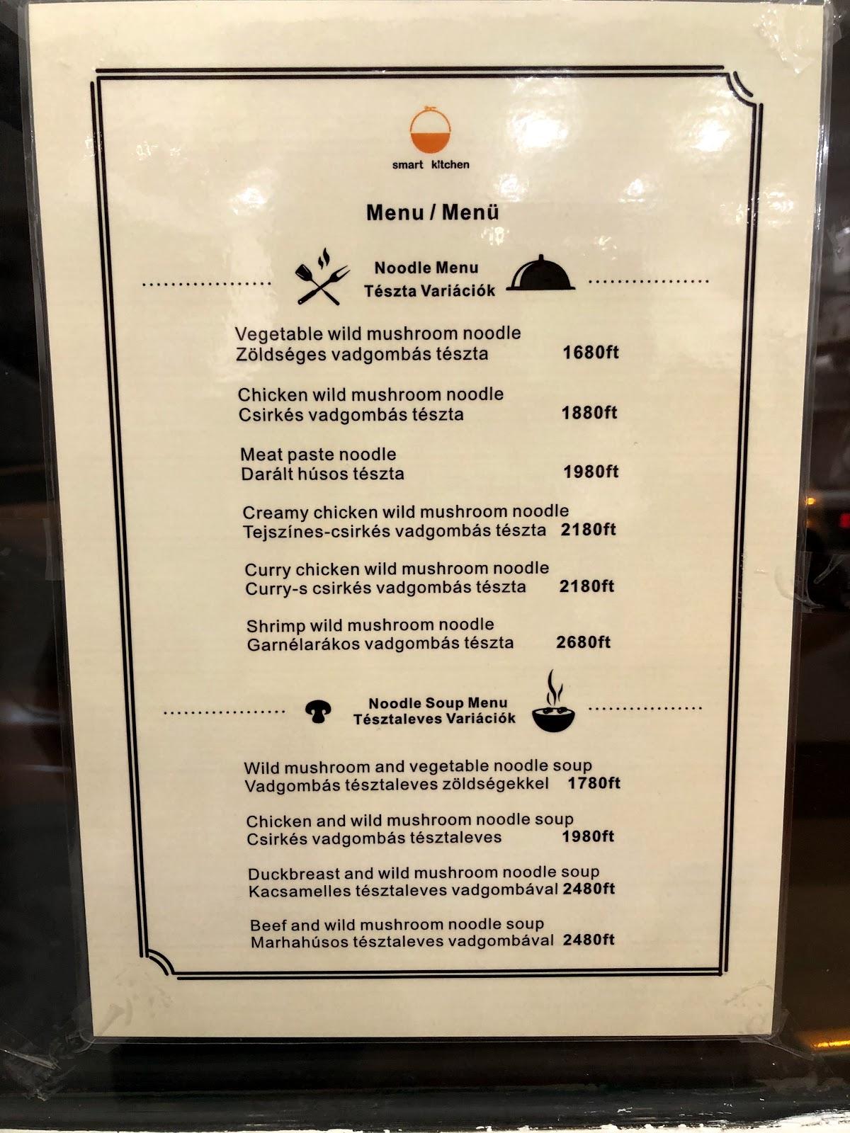 Menu at Smart Kitchen restaurant, Budapest, Nagymező u. 41