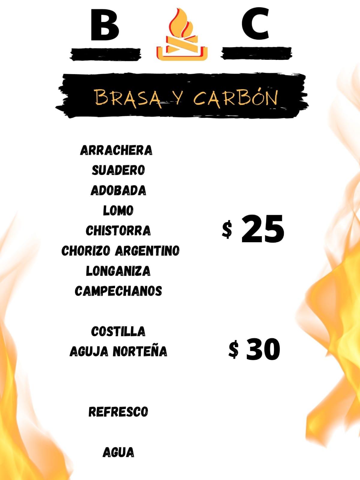 Menu at Taquería Brasa y Carbón restaurant, Mexico City