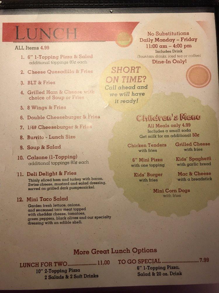 Menu at The Brothers Three pizzeria, Marinette