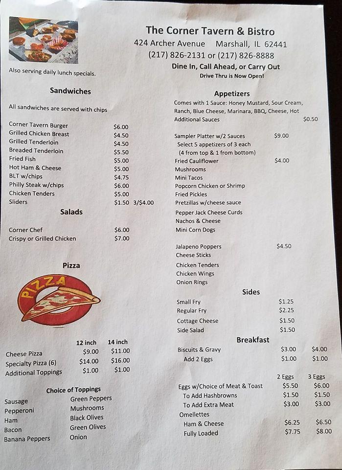 Menu at The Corner Tavern and Bistro pub & bar, Marshall