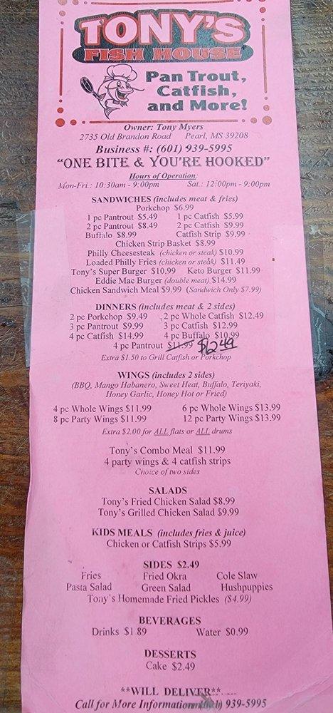 Menu at Tony's Fish House restaurant, Pearl, 2735 Old Brandon Rd