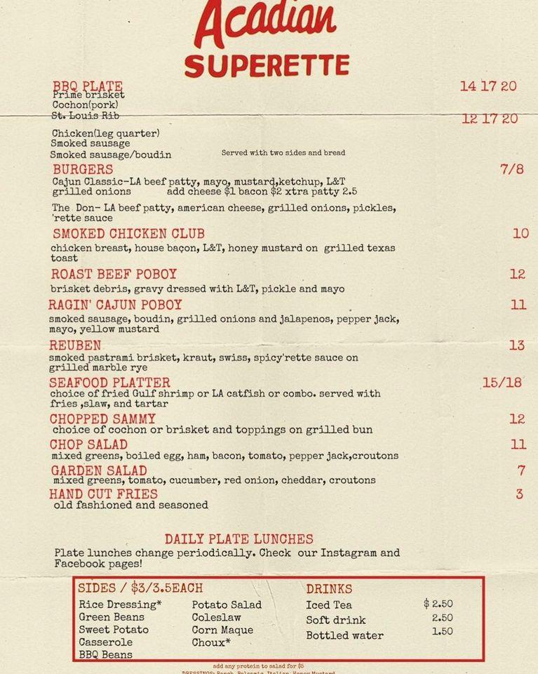 Menu at Acadian Superette restaurant, Lafayette