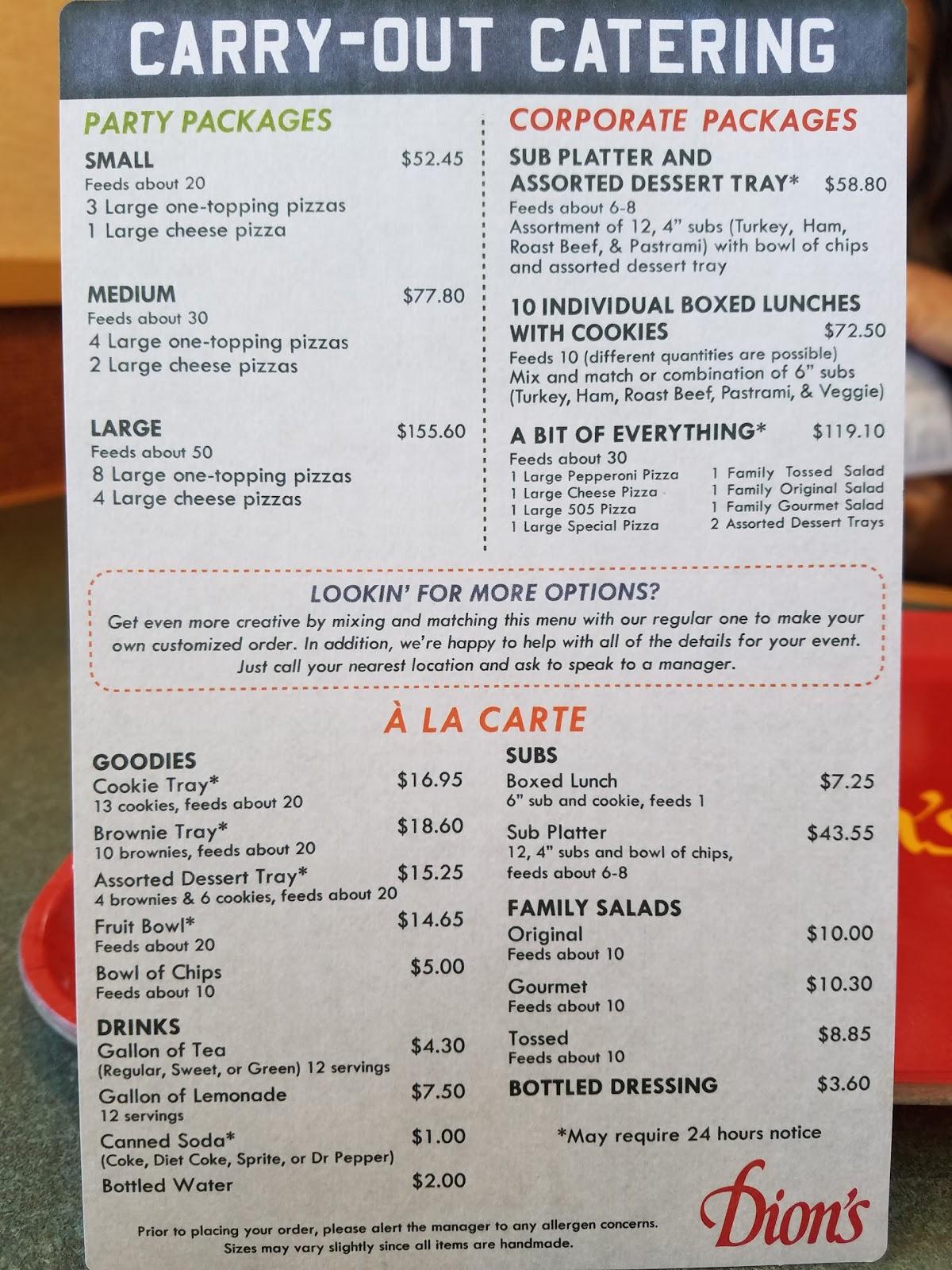 Menu at Dion's pizzeria, Santa Fe, Cerrillos Rd