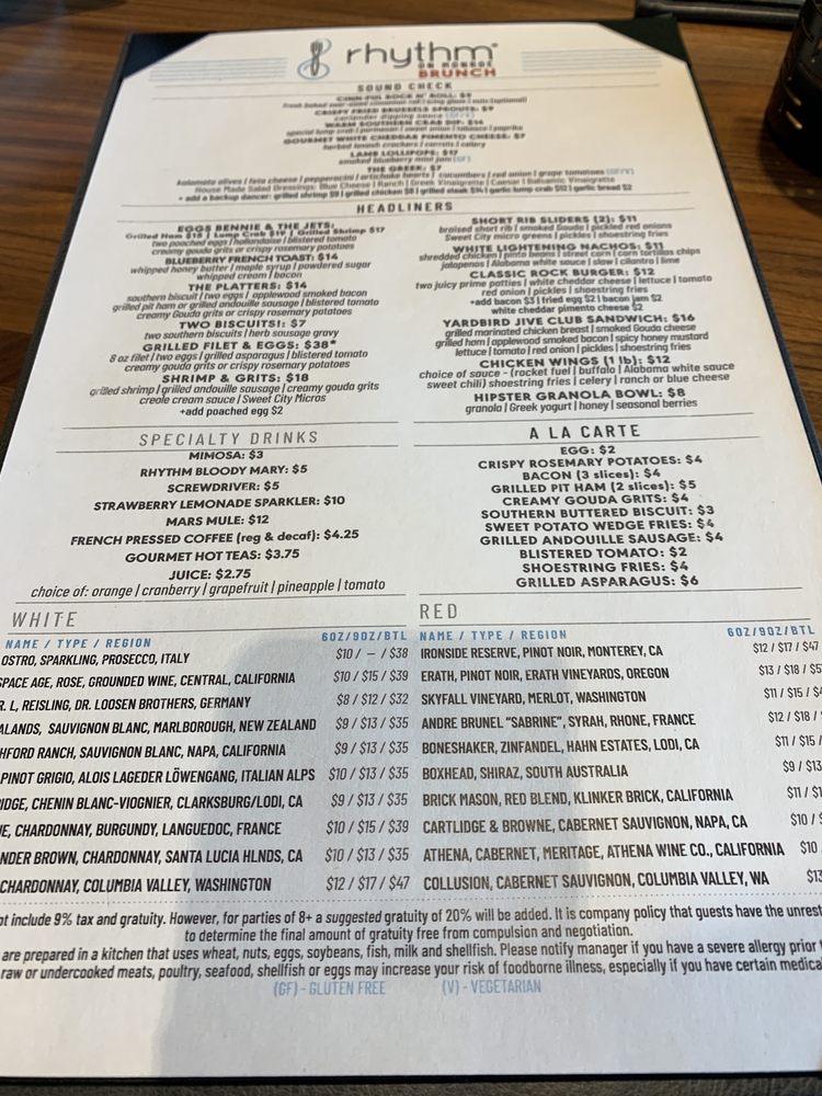 Menu at Rhythm on Monroe pub & bar, Huntsville
