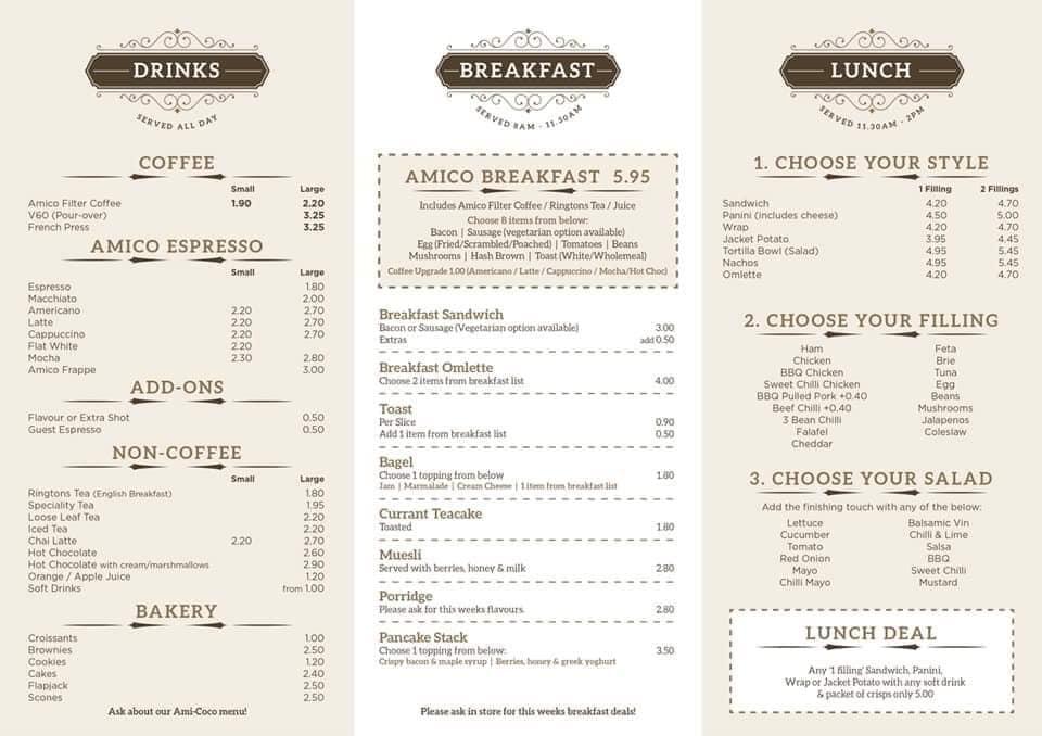 Menu at Amico Espresso & Café Bar, Drighlington