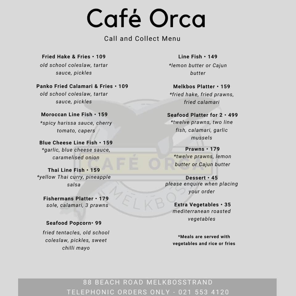 Menu at Cafe Orca, Cape Town, 88 Beach Rd