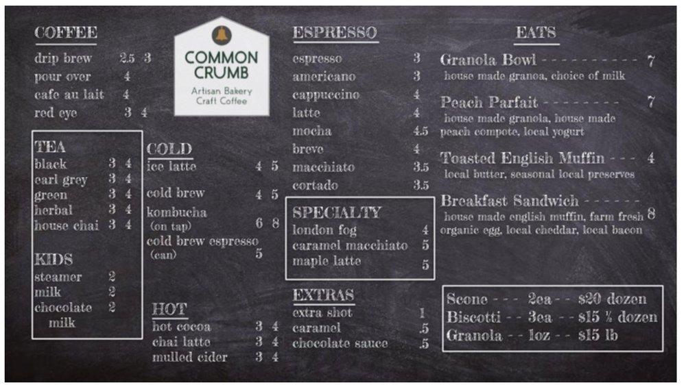 Menu at Common Crumb cafe, Troy