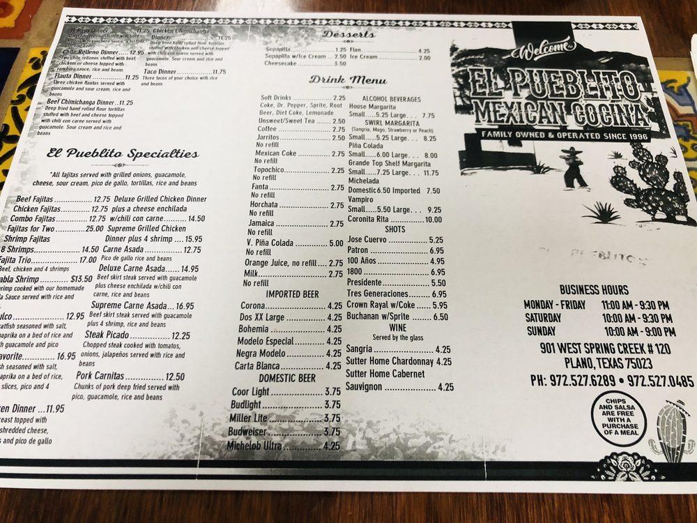 Menu at El Pueblito Mexican Cocina restaurant, Plano