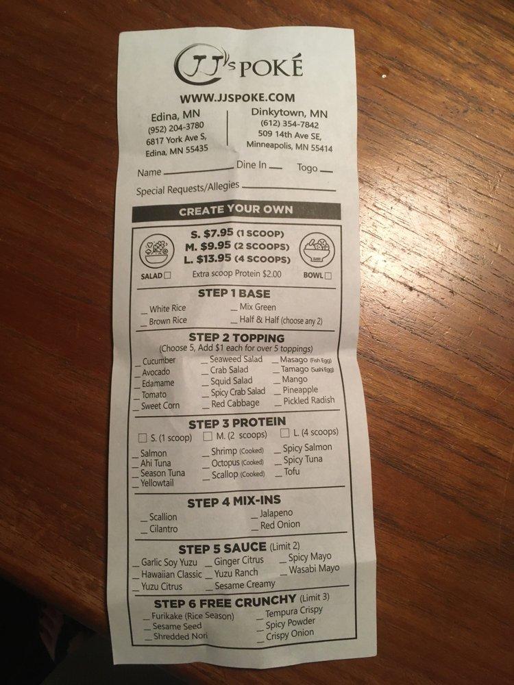Menu at JJ'S POKE BOWL pub & bar, Edina