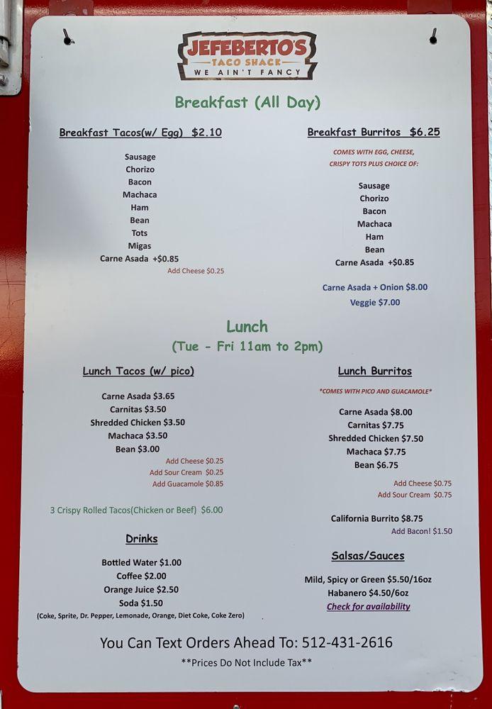 Menu at Jefeberto’s Taco Shack, Austin