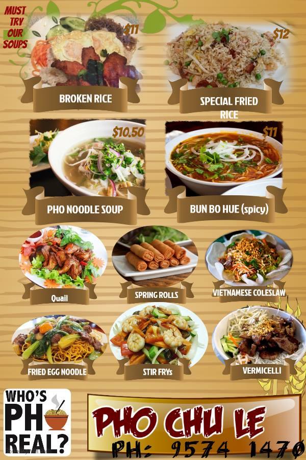 Menu at Pho Chu Le restaurant, Springvale