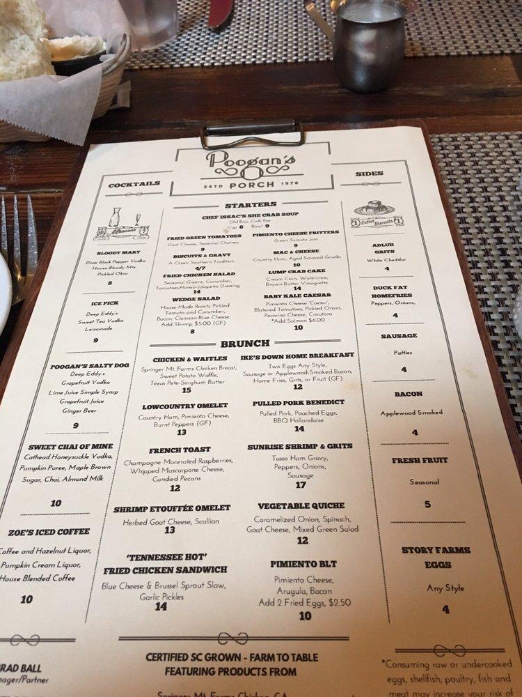Menu at Poogan's Porch restaurant, Charleston