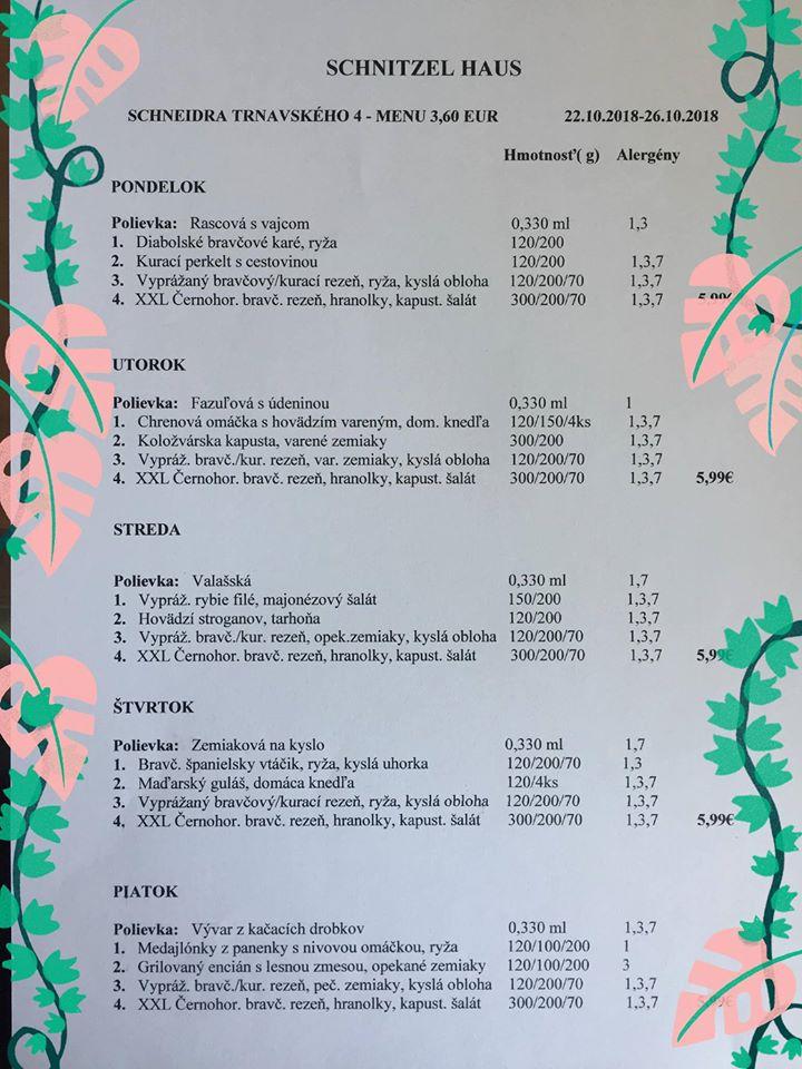 Menu at Schnitzel Haus restaurant, Bratislava
