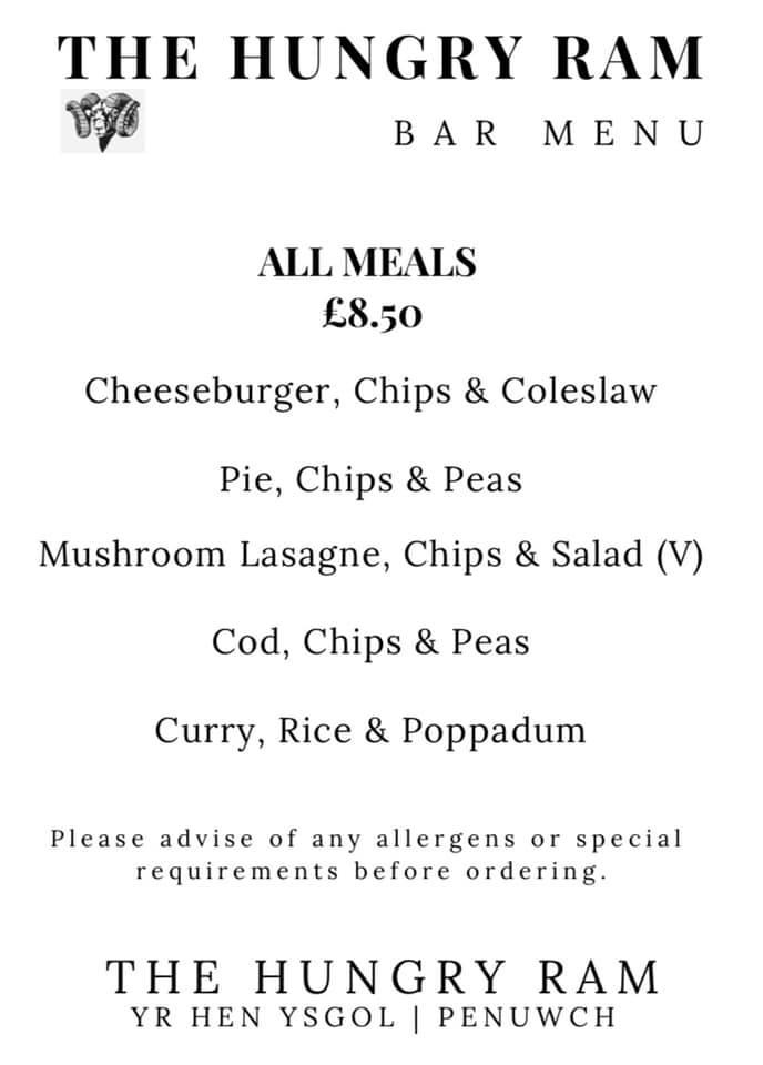 Menu at The Hungry Ram restaurant, Tregaron