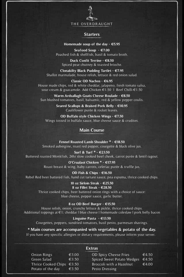 Menu at The Overdraught Restaurant & Pub, Tracton