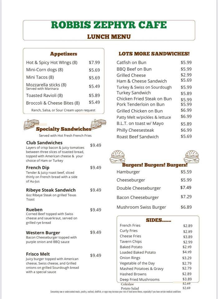 Menu at Zephyr Cafe, Piedmont