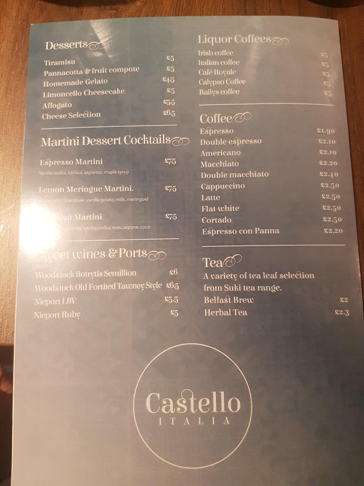Menu at Castello Italia cafe, Carrickfergus