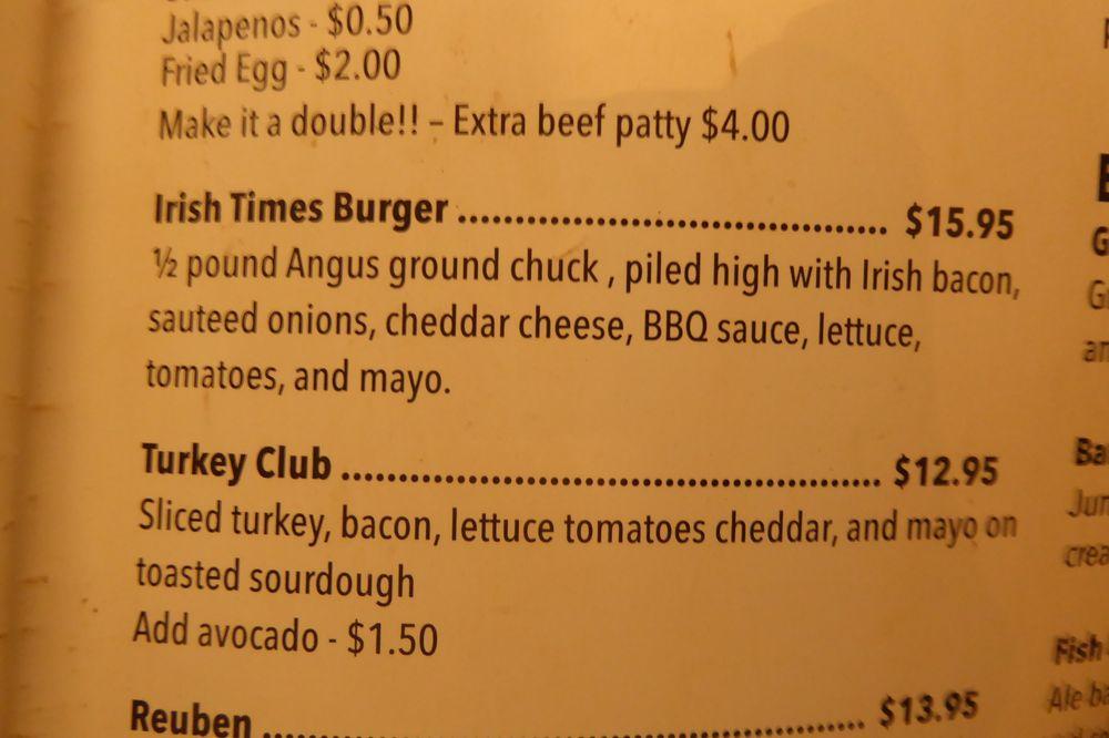 Menu at Irish Times pub & bar, San Francisco