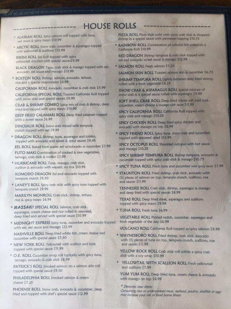 Menu at Massaki Japanese Steakhouse & Sushi Bar, Staunton