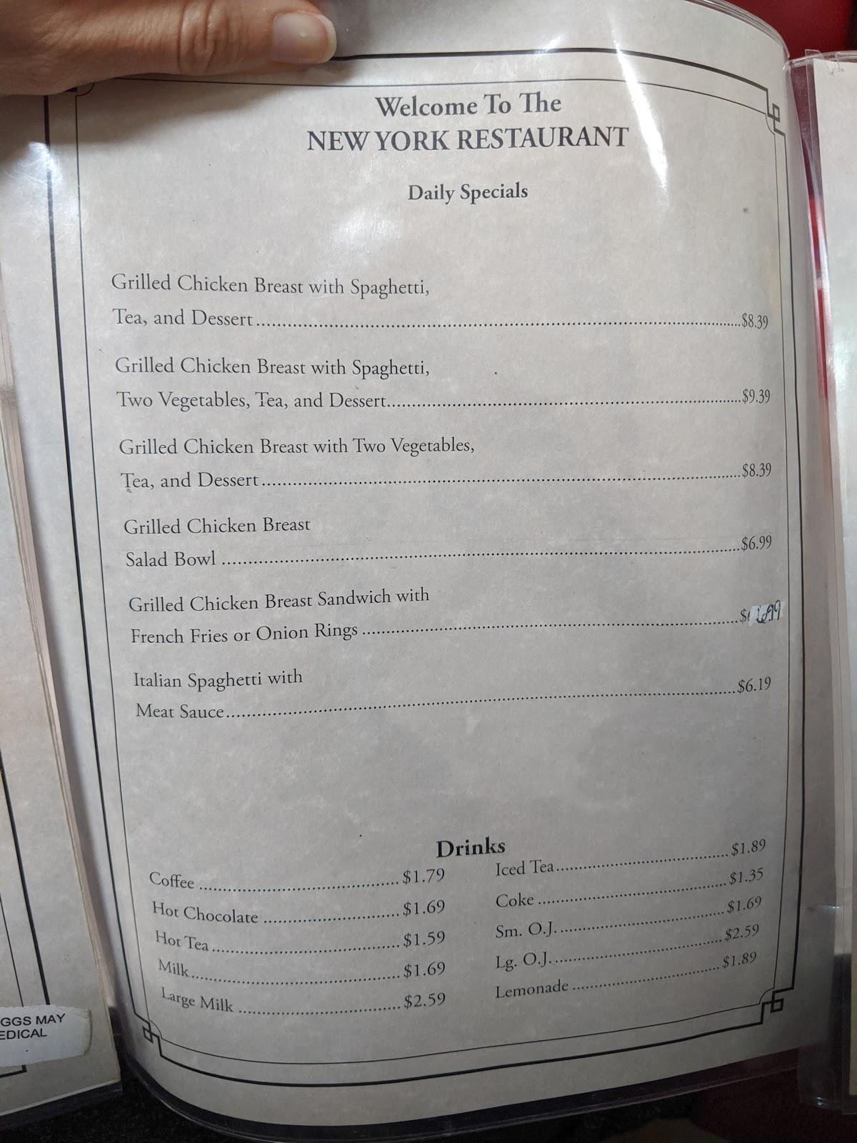Menu at New York Restaurant, Fayetteville