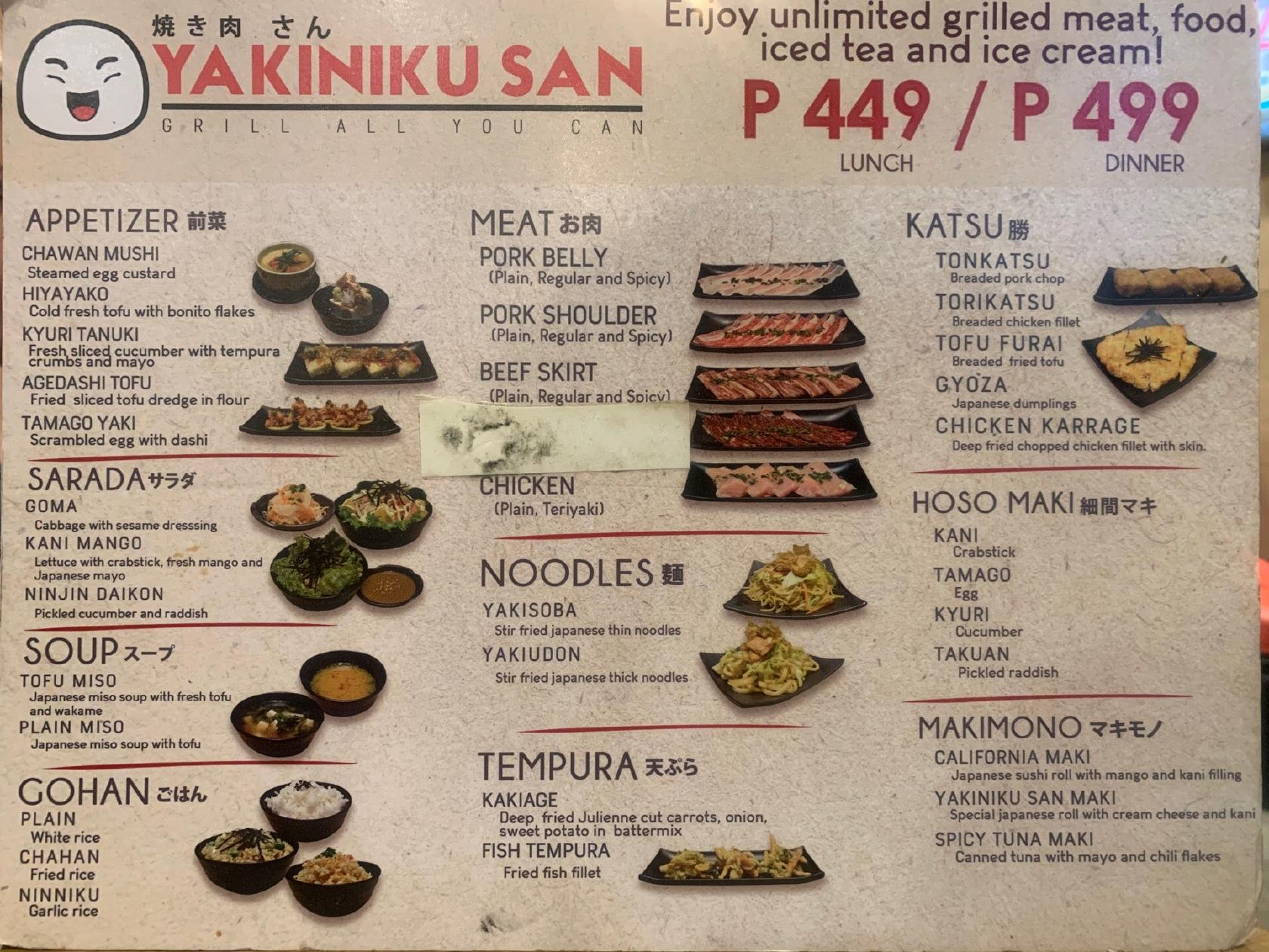 Menu at Yakiniku San restaurant, Quezon City, H3R5+6X9