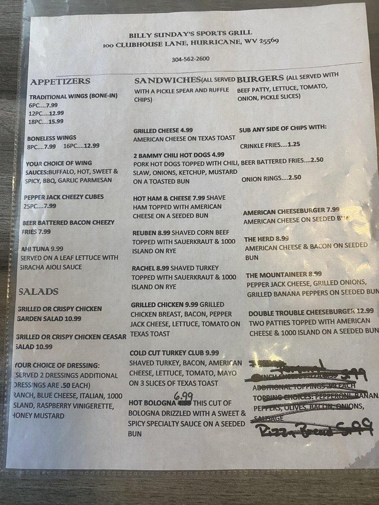 Menu at Billy Sunday's Sports Grill pub & bar, Hurricane