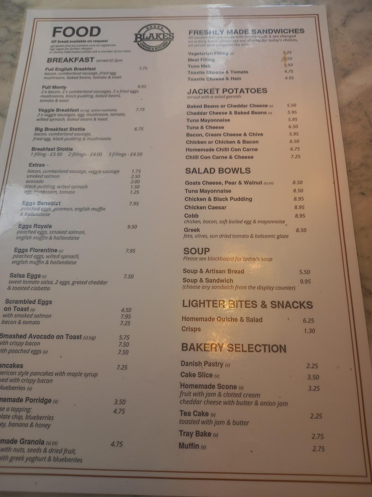 Menu at Blakes cafe, Newcastle upon Tyne