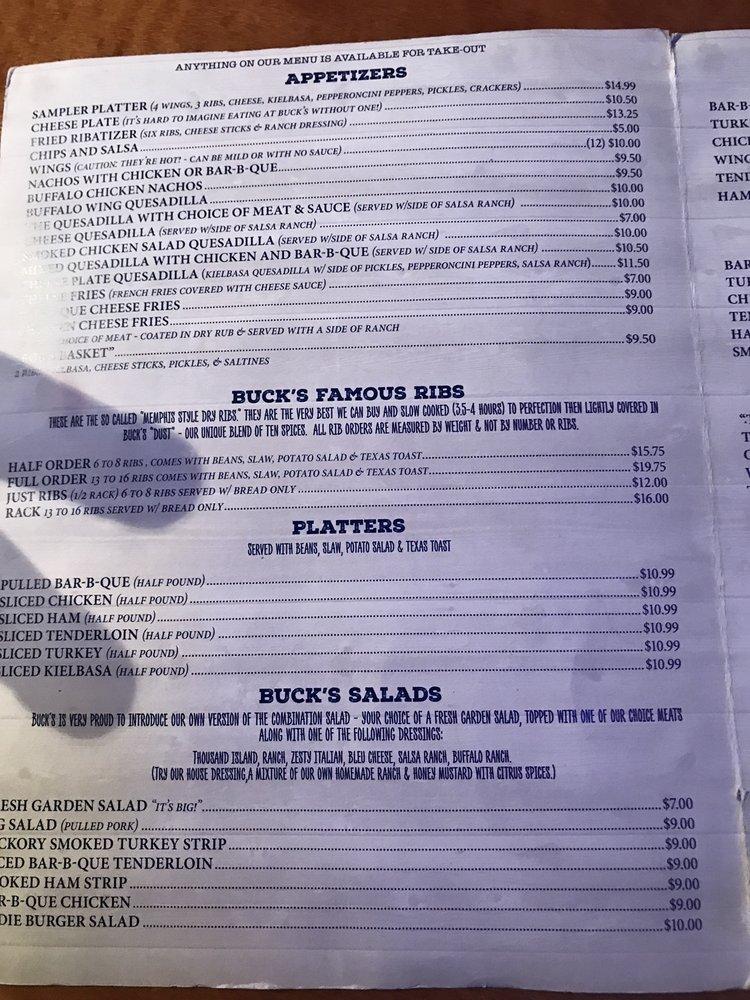 Menu at Bucks Bar, Corinth