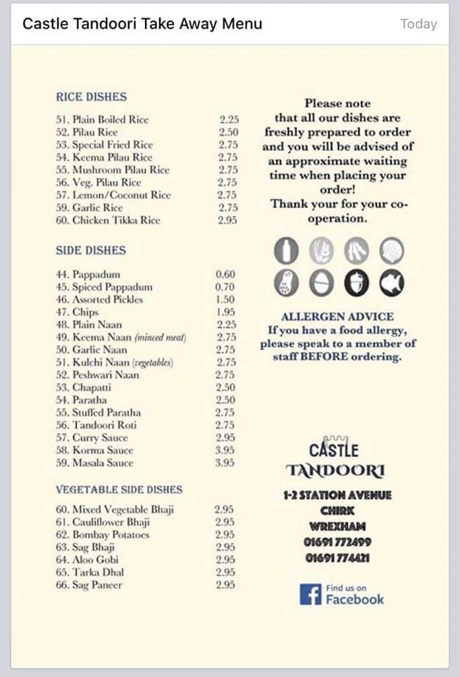 Menu at Castle Tandoori Chirk restaurant, Chirk