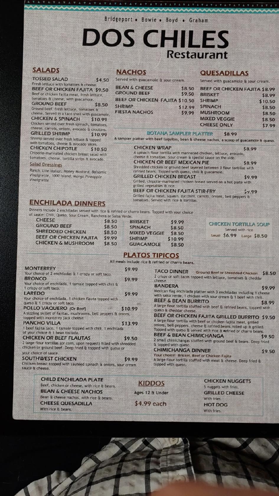 Menu at Dos Chiles Grandes restaurant, Boyd
