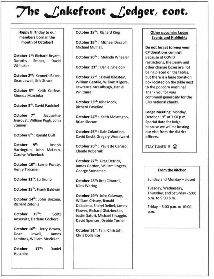 Menu at Elks Lodge #208 pub & bar, Ashtabula