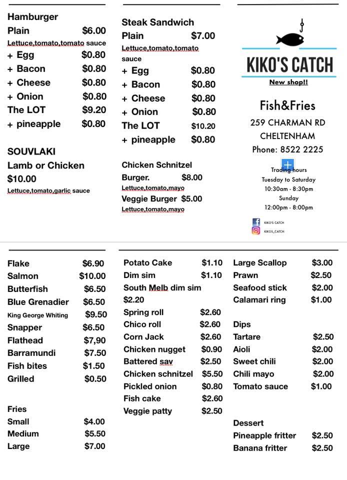 Menu at KIKO'S CATCH restaurant, Cheltenham