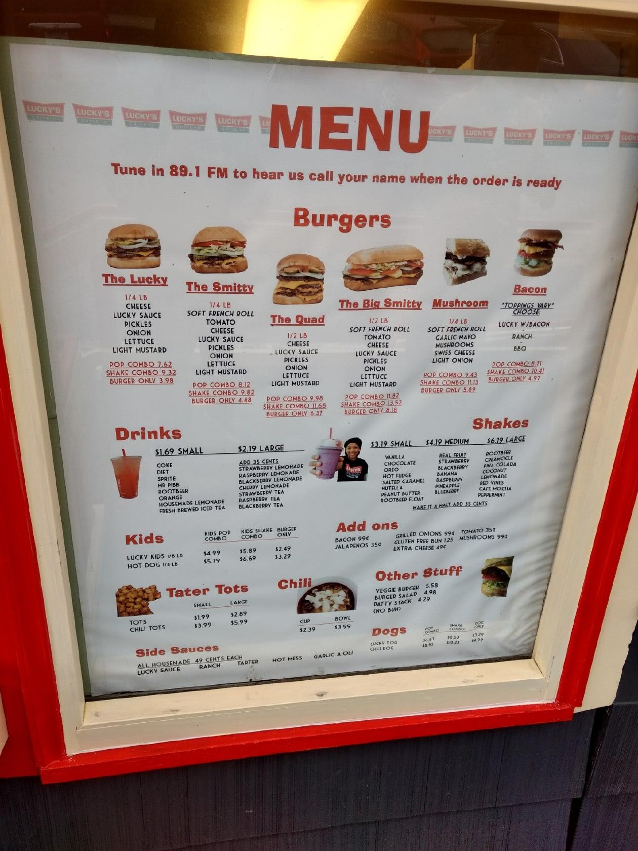 Menu at Lucky's Drive-In restaurant, Tacoma