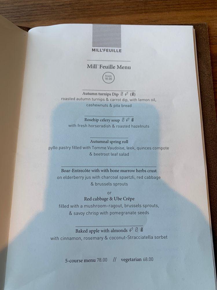 Menu at Mill'Feuille, Lucerne