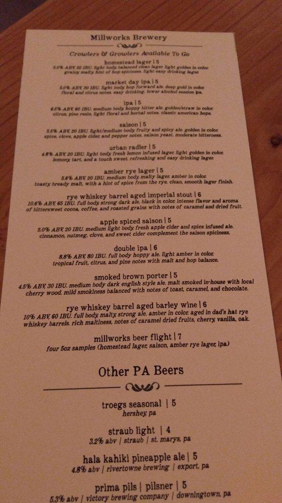 Menu at Millworks pub & bar, Harrisburg