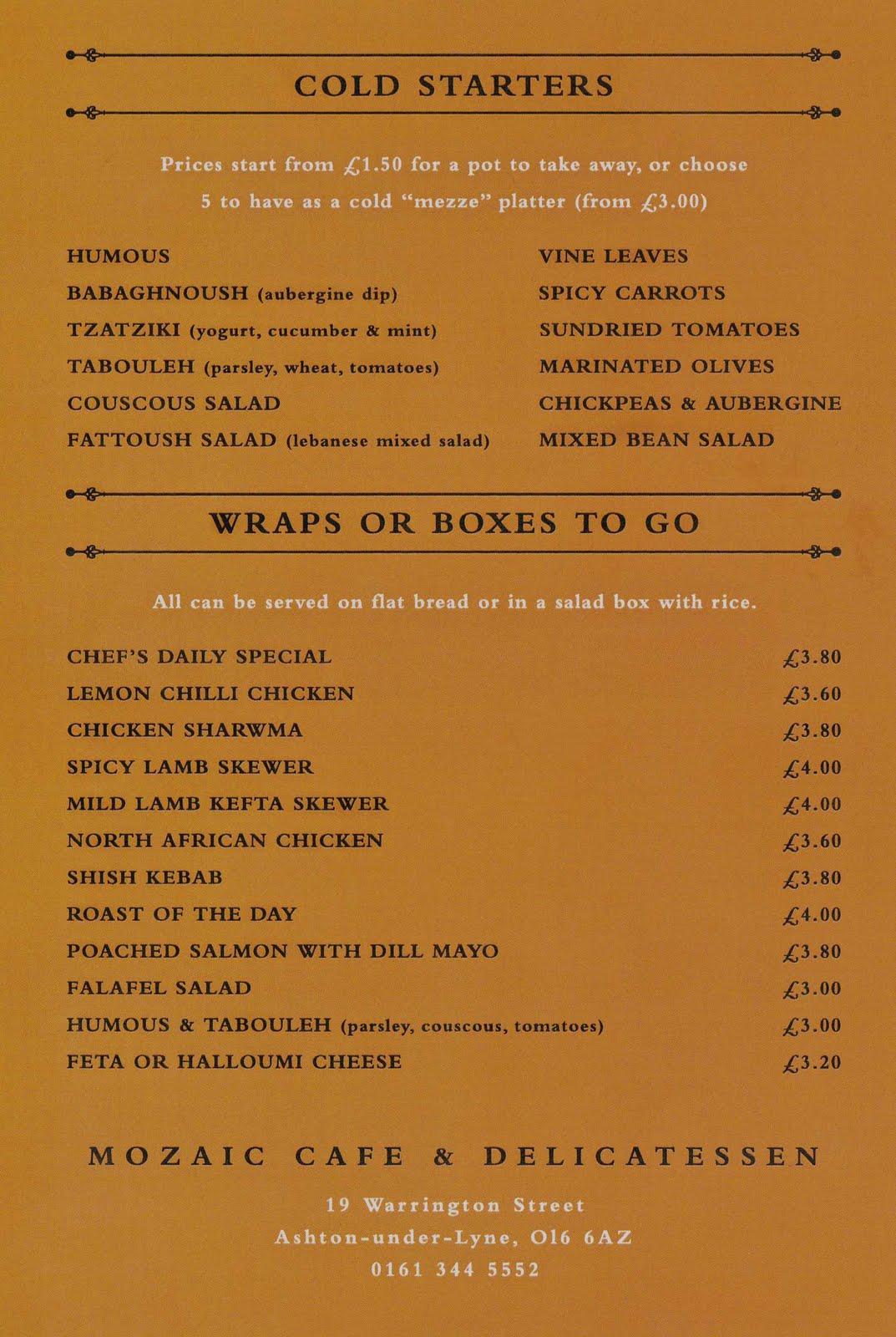Menu at Mozaic Cafe & Delicatessen, Ashton-under-Lyne