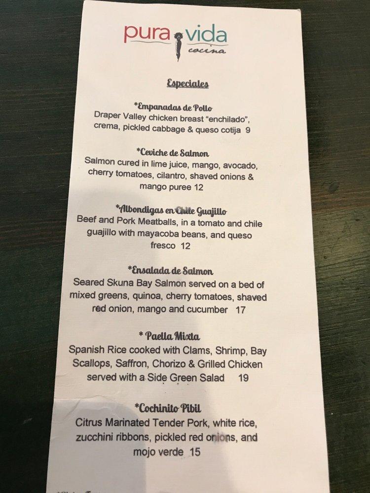 Menu at Pura Vida Cocina restaurant, McMinnville