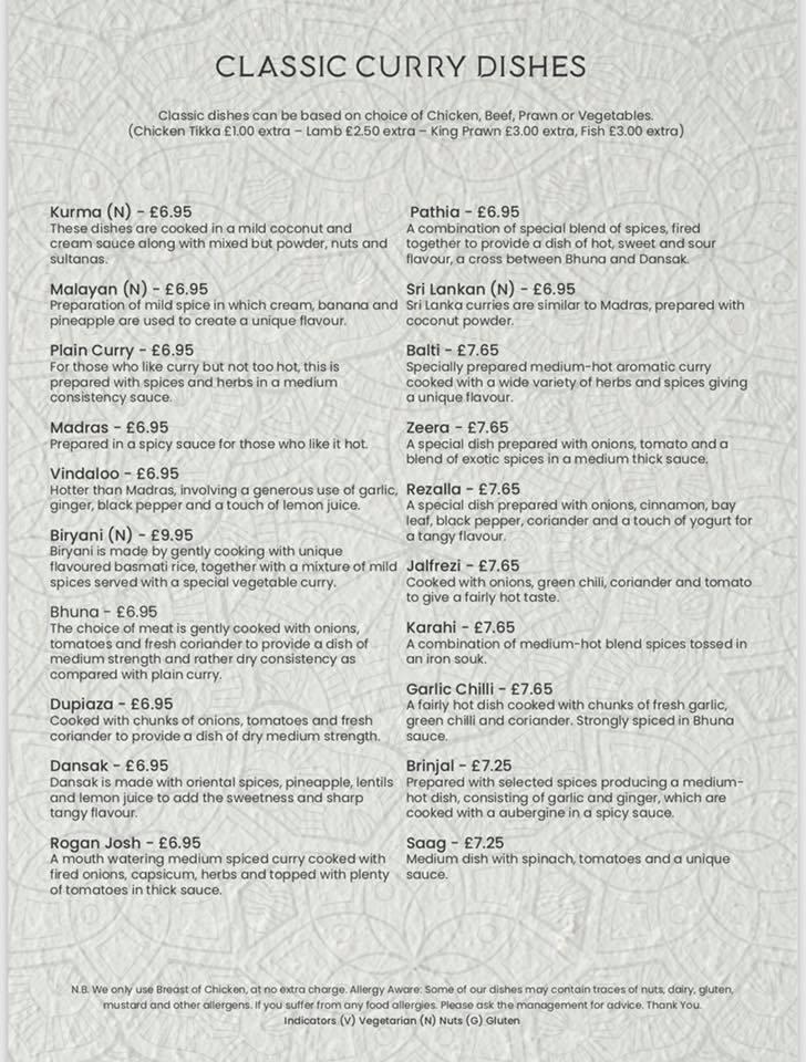 Menu at Radhuni restaurant, South Shields