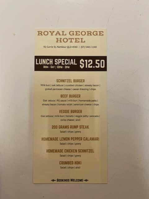 Menu at Royal George Hotel restaurant, Nambour