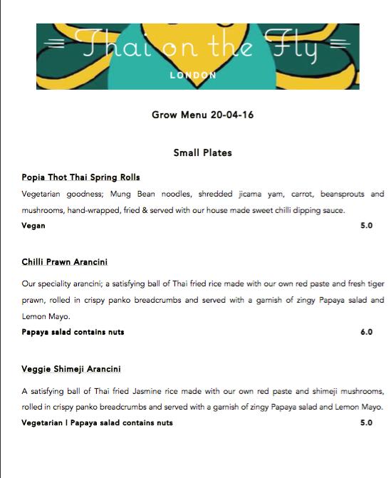 Menu at Thai On The Fly restaurant, London