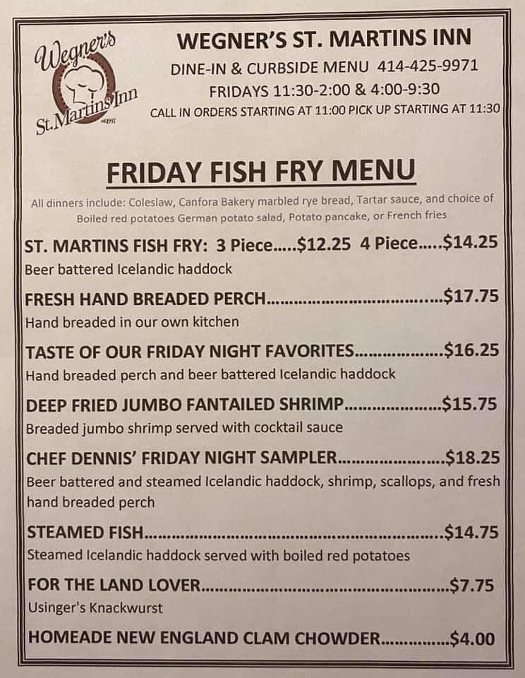 Menu at Wegner's St. Martins Inn restaurant, Franklin